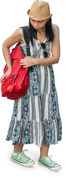 Walking Girl Looking Into The Backpack